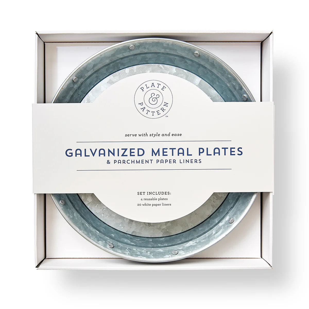 Set/4 Galvanized Metal Plates- w/ 20" White liners – Lone Crow Bungalow ...